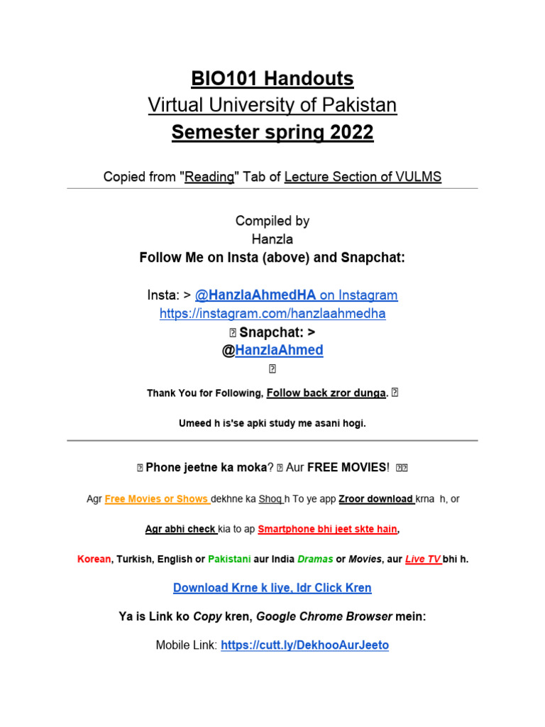 BIO101 Handouts by Hanzla Full 130 Lessons | PDF | Meiosis | Mitosis