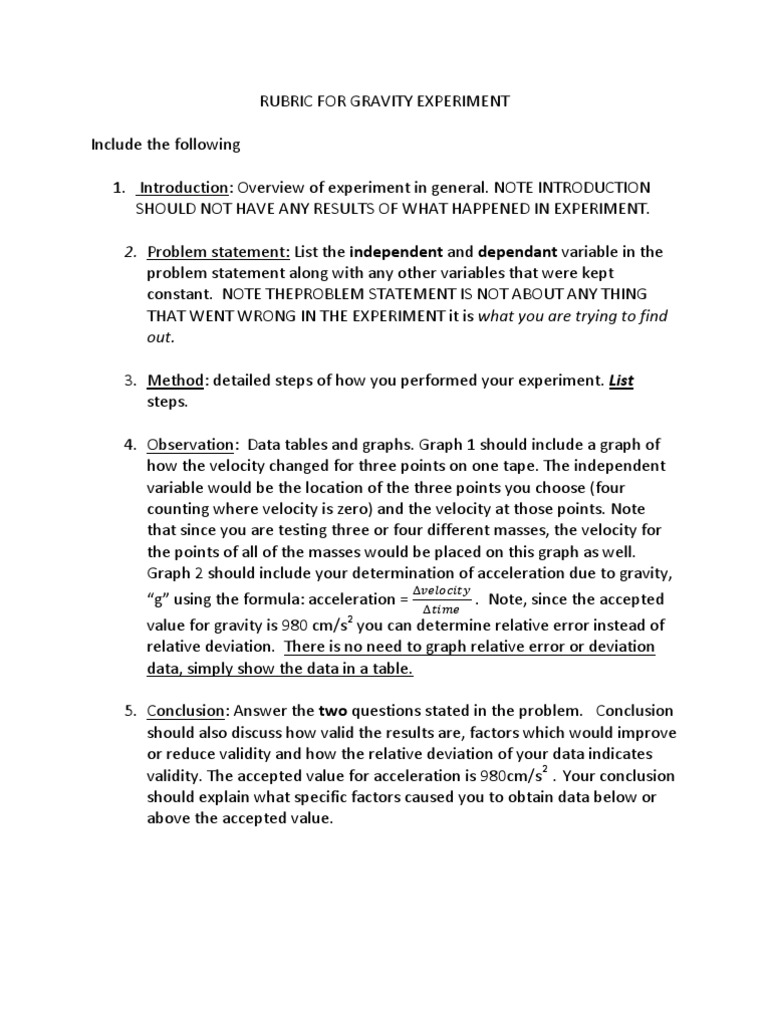 RUBRIC For Gravity Experiment | PDF | Experiment | Velocity