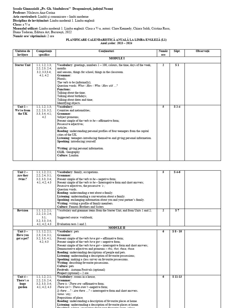 Planificare Calend Cls. 5 | PDF | Human Communication | Syntax