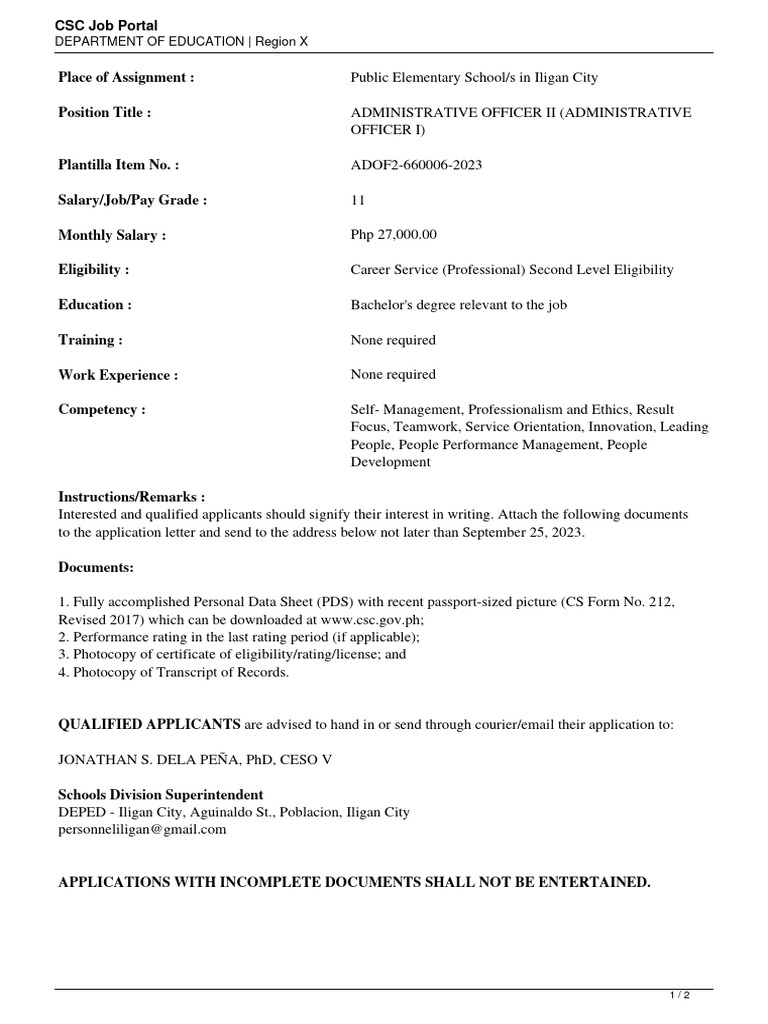 Department of Education-Administrative Officer II Administrative ...