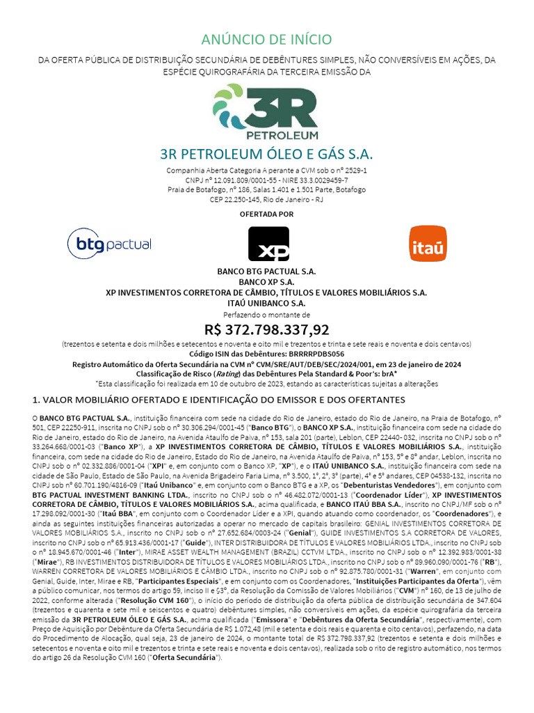 3R Inicio de Oferta Publica | PDF | Título corporativo | Mercado (economia)