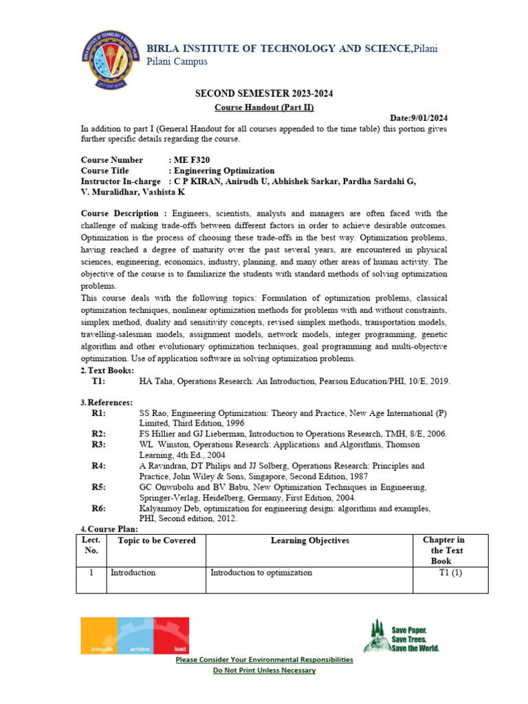 ME F320 Engineering Optimization | PDF | Mathematical Optimization | Linear Programming