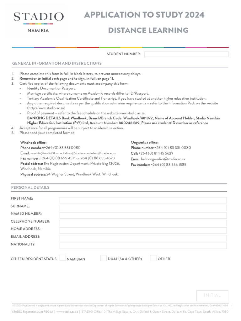 Stadio Namibia Registration Form 2024 | PDF | Mail | Fee
