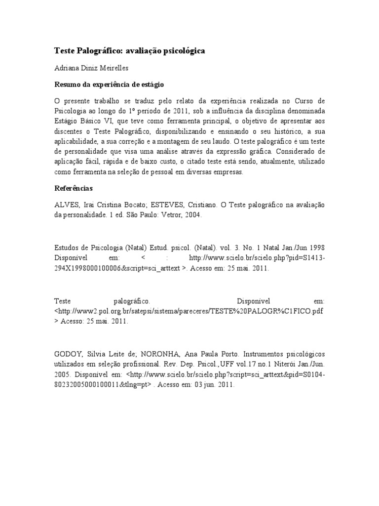 Teste Palográfico na Avaliação Psicológica | PDF | Carreira e Crescimento