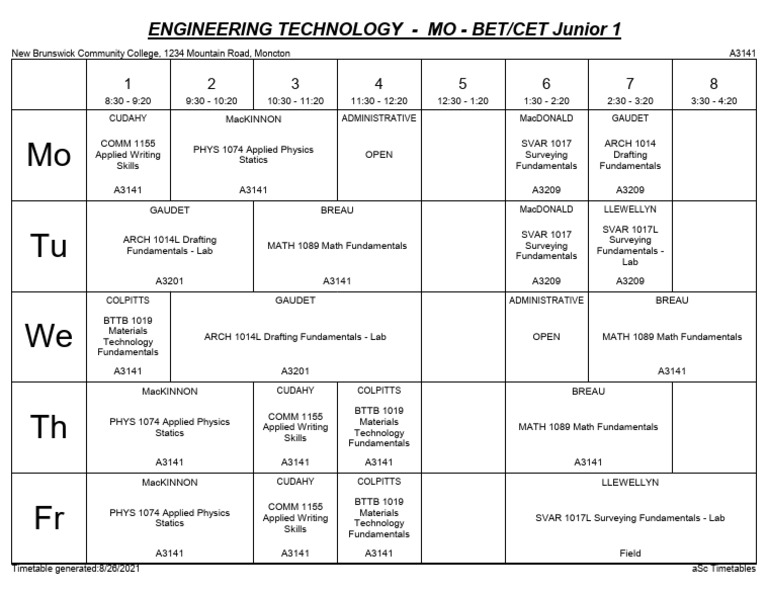 Schedule - MO-BET-CET-JR1 - Fall 2021 | PDF | Physics