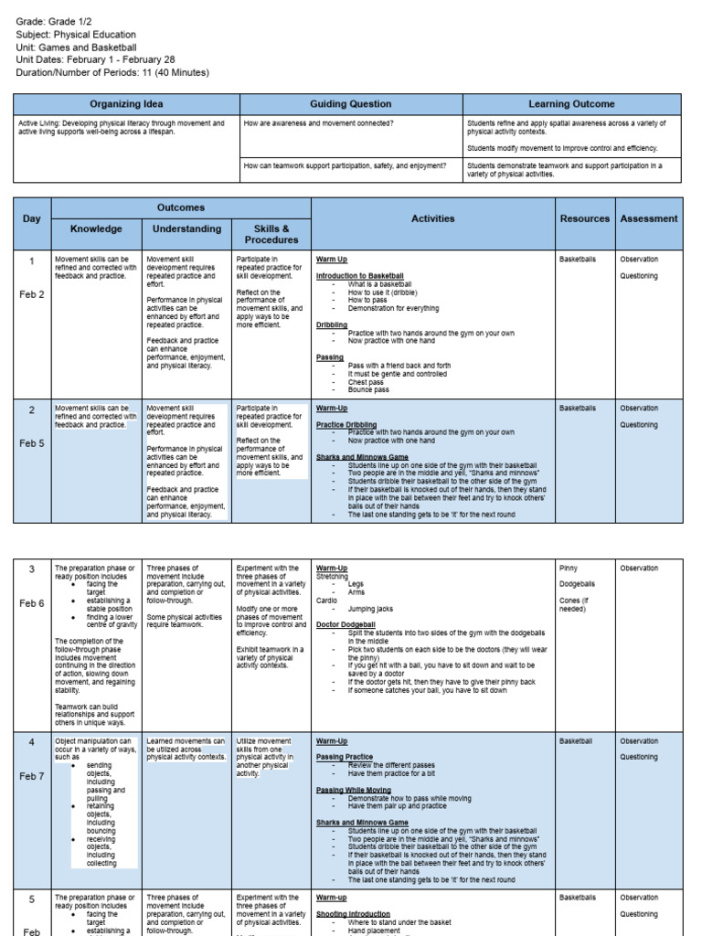 Unit Plan - Physical Education - February 1 | PDF | Physical Education