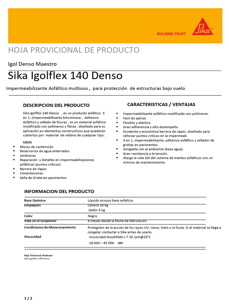 HT Sika Igolflex 140 Denso | PDF | Agua | Ciencias fisicas