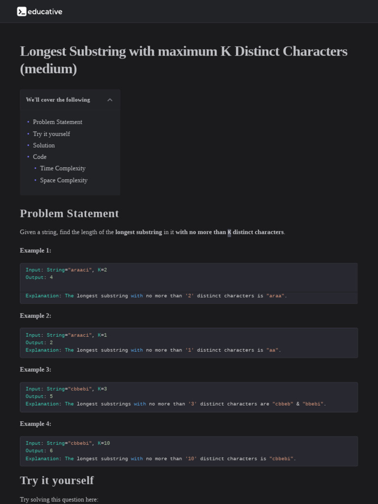Longest Substring With Maximum K Distinct Characters (Medium) | PDF | String (Computer Science ...
