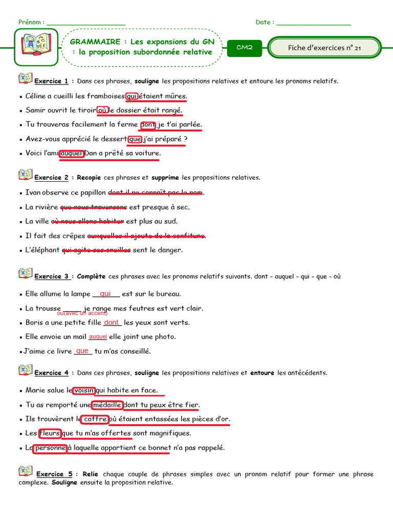 Exercices sur les propositions relatives CM2 | PDF | Clause | Linguistique