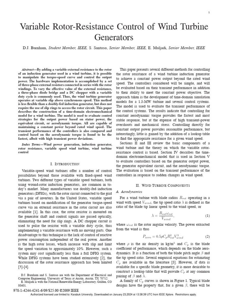 Variable Rotor-Resistance Control of Wind Turbine Generators | PDF | Wind Turbine | Electric ...