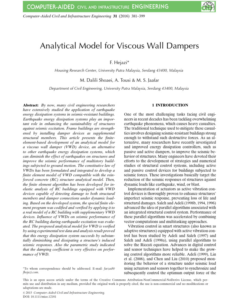 Analytical Model For Viscous Wall Dampers | PDF | Viscosity | Damping
