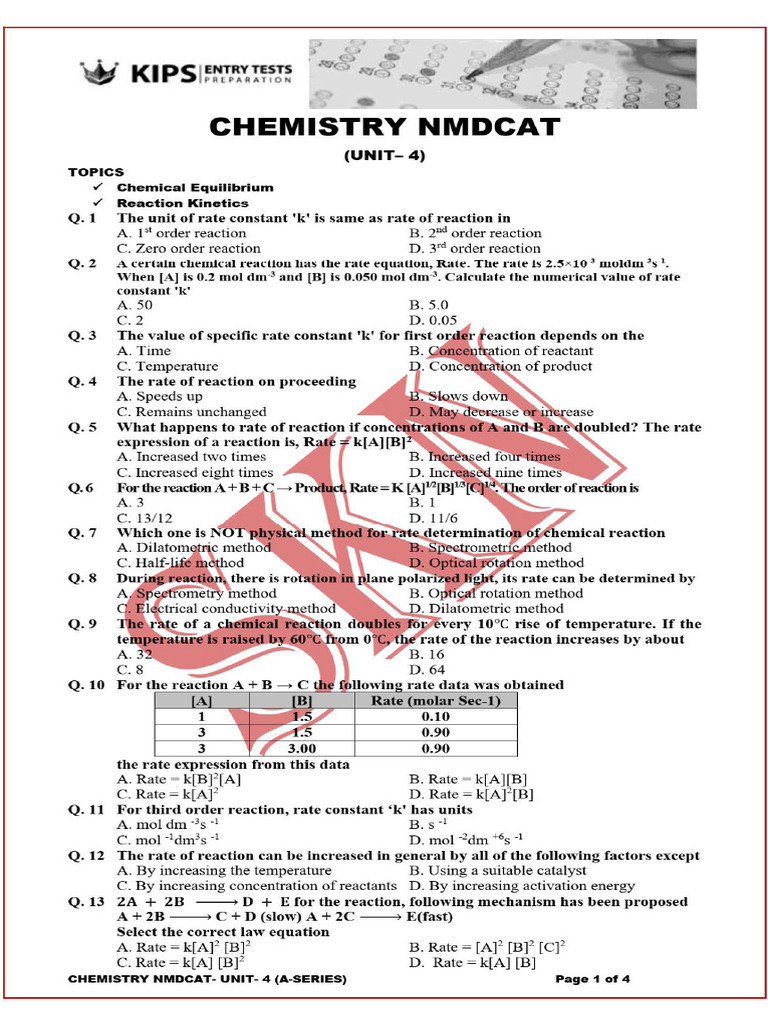 KIPS CTS CHEMISTRY UNIT 04 (Chemical Equilibrium, Reaction Kinetics) | PDF