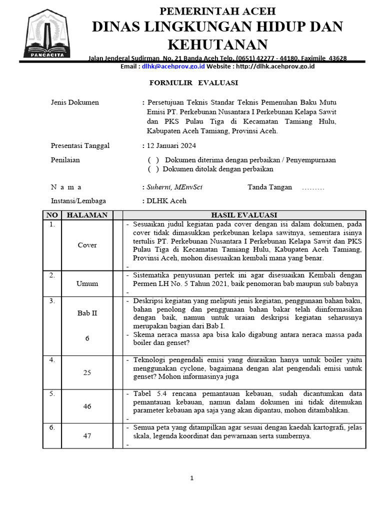 Masukan Pertek Emisi PT - PN I PKS Pulau Tiga | PDF