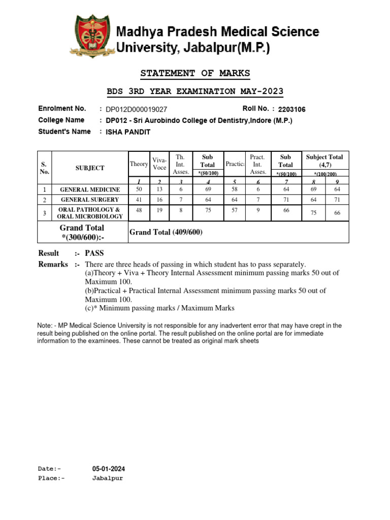 MPMSU BDSE3RD MarksheetStudent-21 | PDF