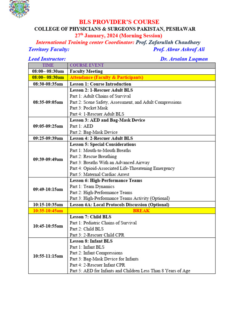 27 Jan 024 Morn BLS Provider Course Schedule | PDF | Clinical Medicine | Public Safety