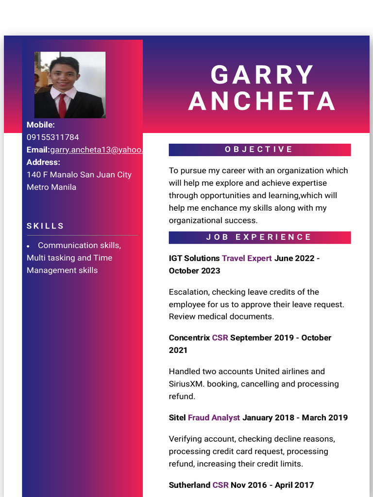 Garry Ancheta's Professional Resume | PDF | Business