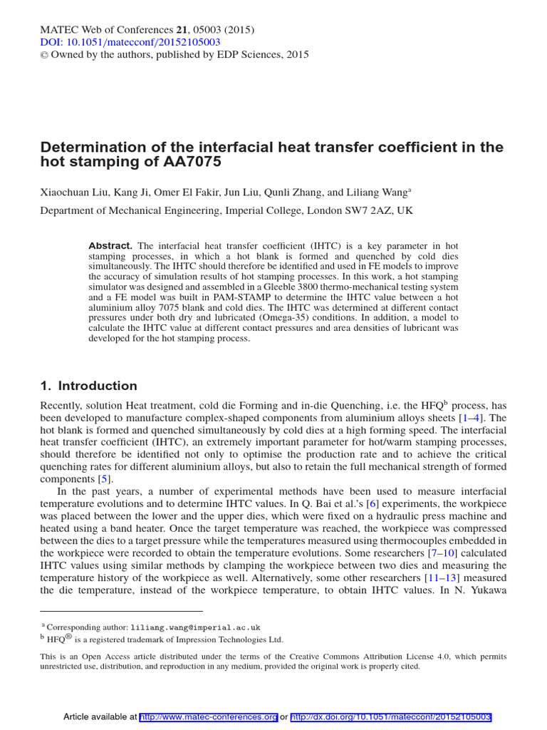 Determination of The Interfacial Heat Transfer Coefficient in The Hot ...