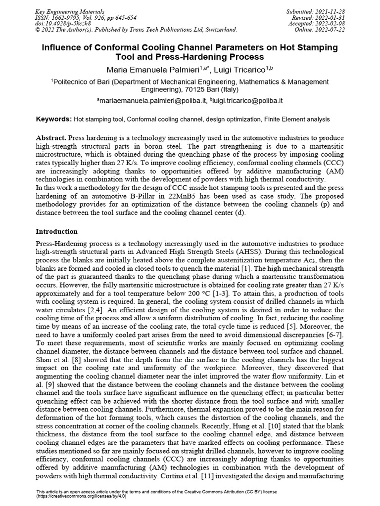 Influence of Conformal Cooling Channel Parameters On Hot Stamping Tool ...