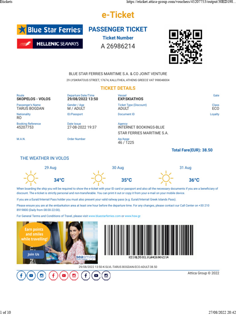 Ferry Tickets: Skopelos to Volos | PDF | Ticket (Admission) | Identity ...