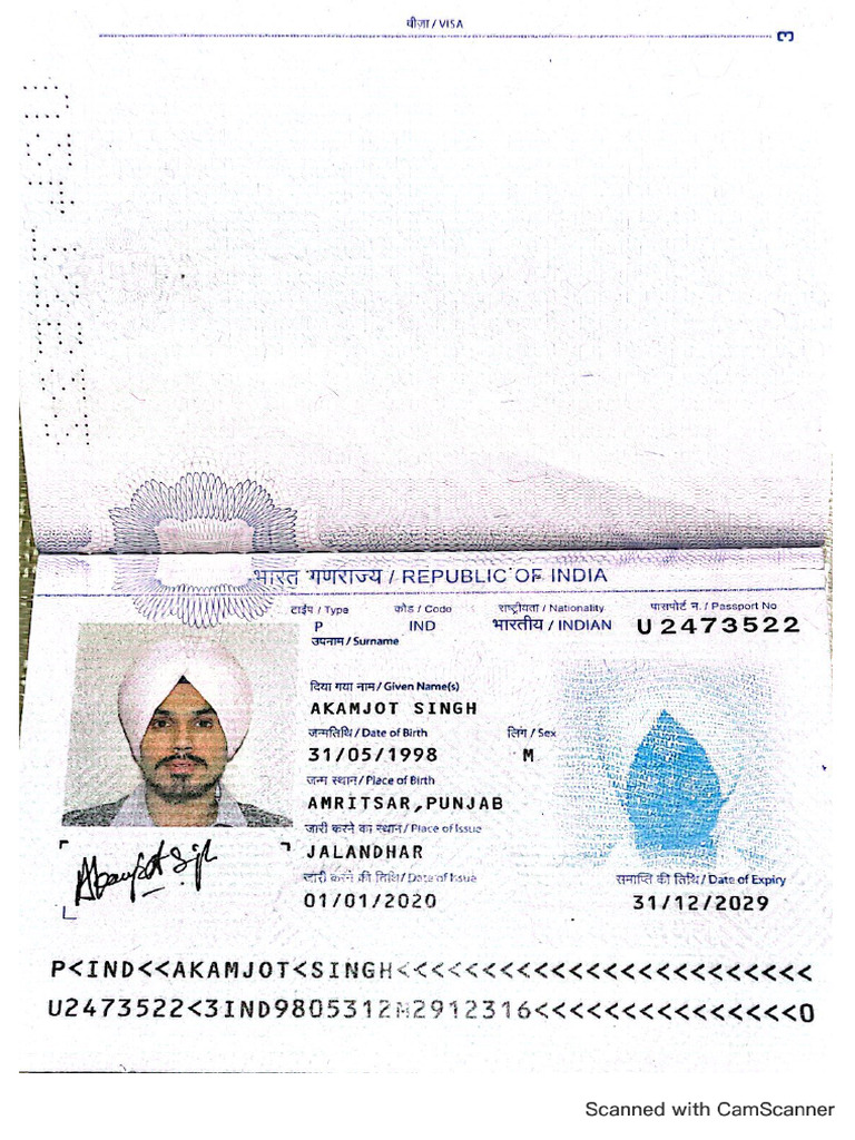 Akamjot Singh Passport | PDF