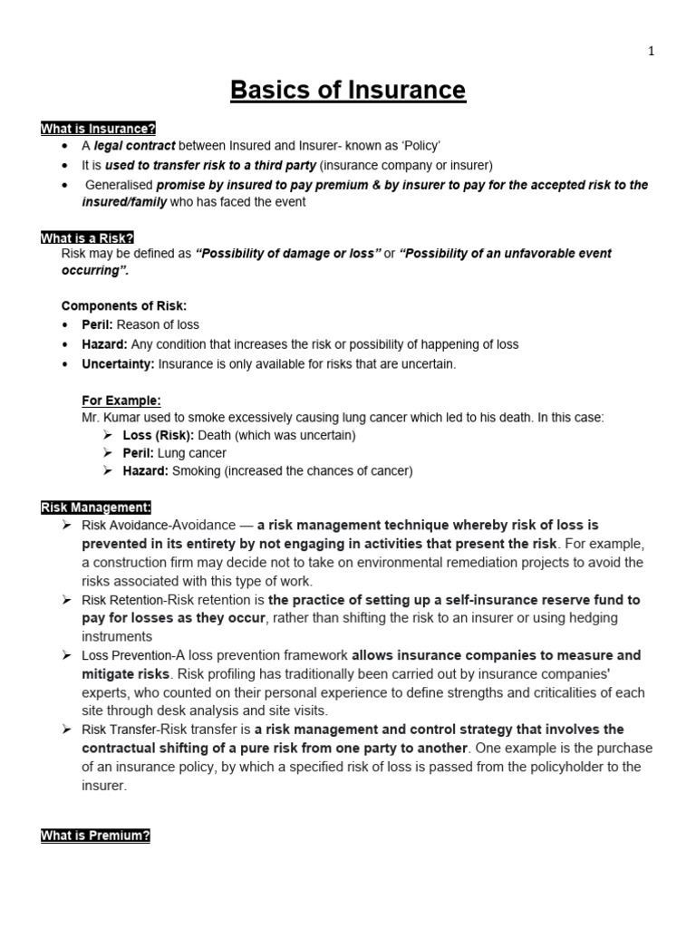 Basics of Insurance Handout | PDF | Insurance | Risk