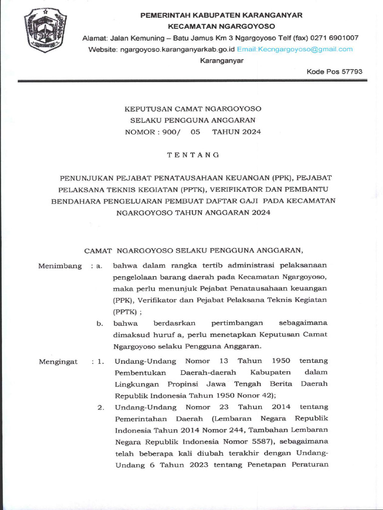 SK PPTK Ppkverifikator-Kec Ngargoyoso-Ta 2024 | PDF