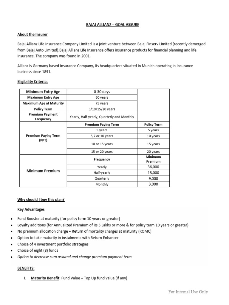 Bajaj Allianz Goal Assure - Handout - Investments | PDF | Insurance ...
