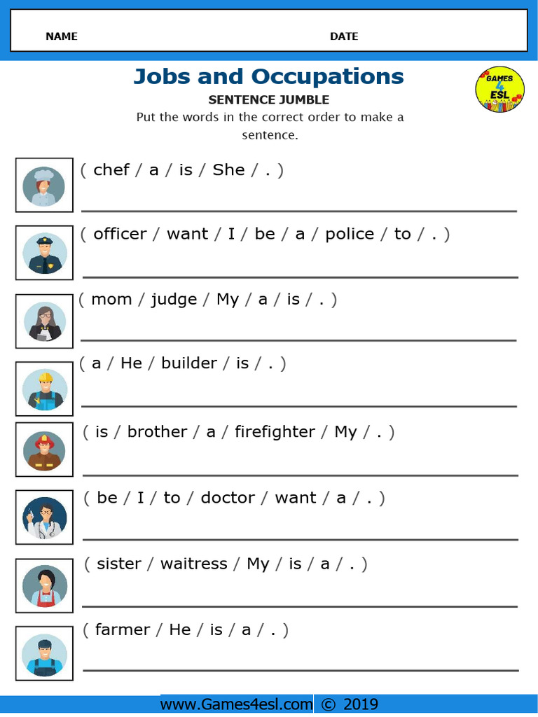 Jobs and Occupations Worksheet Sentence Jumble | PDF | Language Arts ...