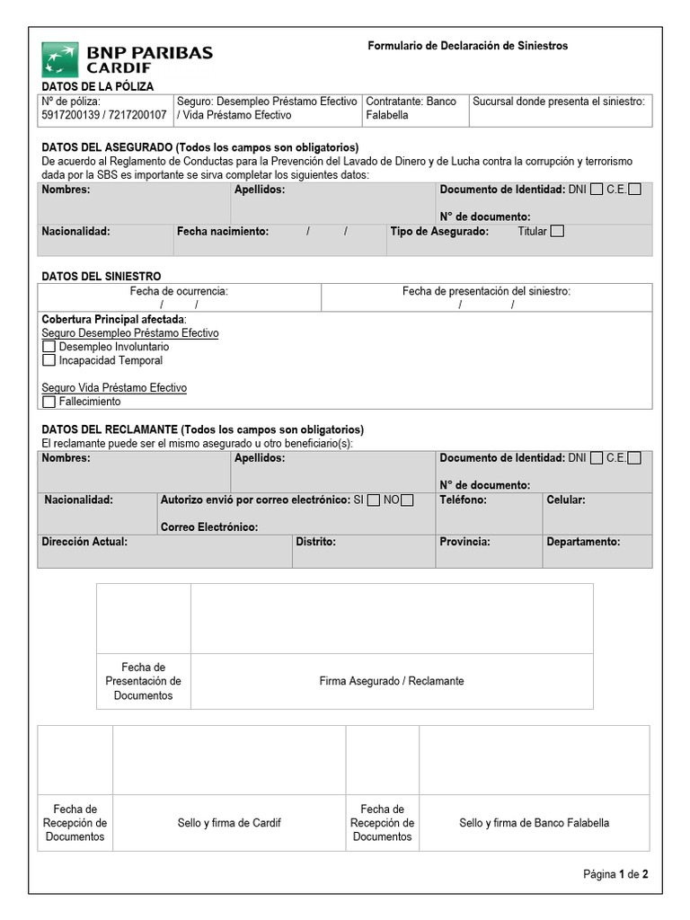 Formulario Declaracion Siniestros Optativos Desempleo Vida | PDF | Seguro | Reaseguro