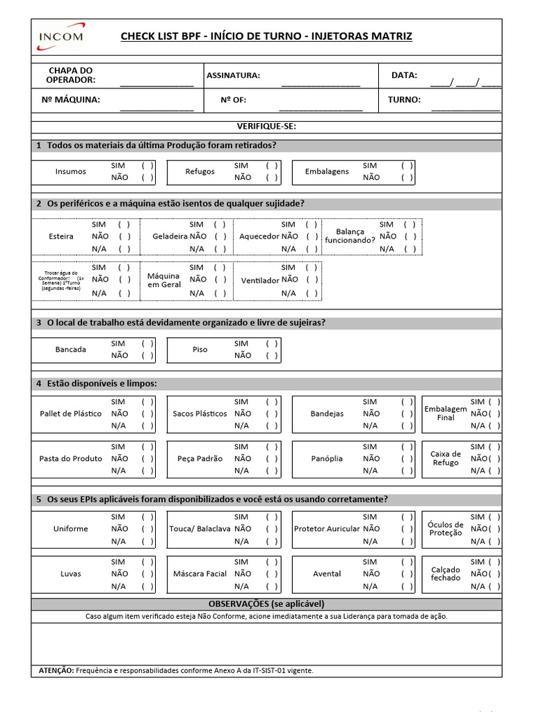 FSQ.009 - Check List BPF - Início de Turno - Injetoras Matriz | PDF ...