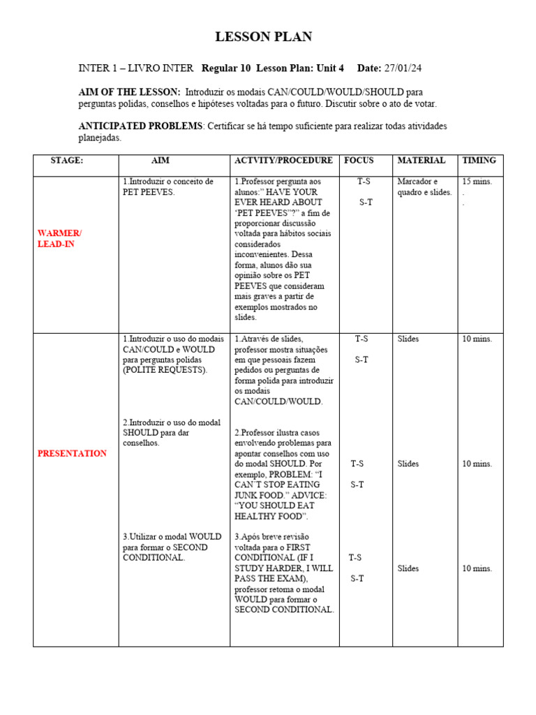Lesson Plan: INTER 1 - LIVRO INTER Regular 10 Lesson Plan: Unit 4 Date ...