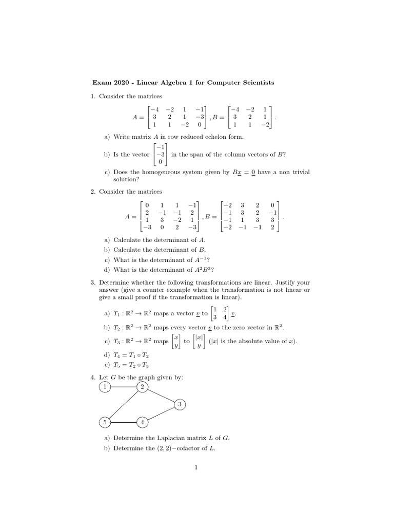 Linear Algebra Exam Solutions 2020 | PDF | Determinant | Matrix (Mathematics)