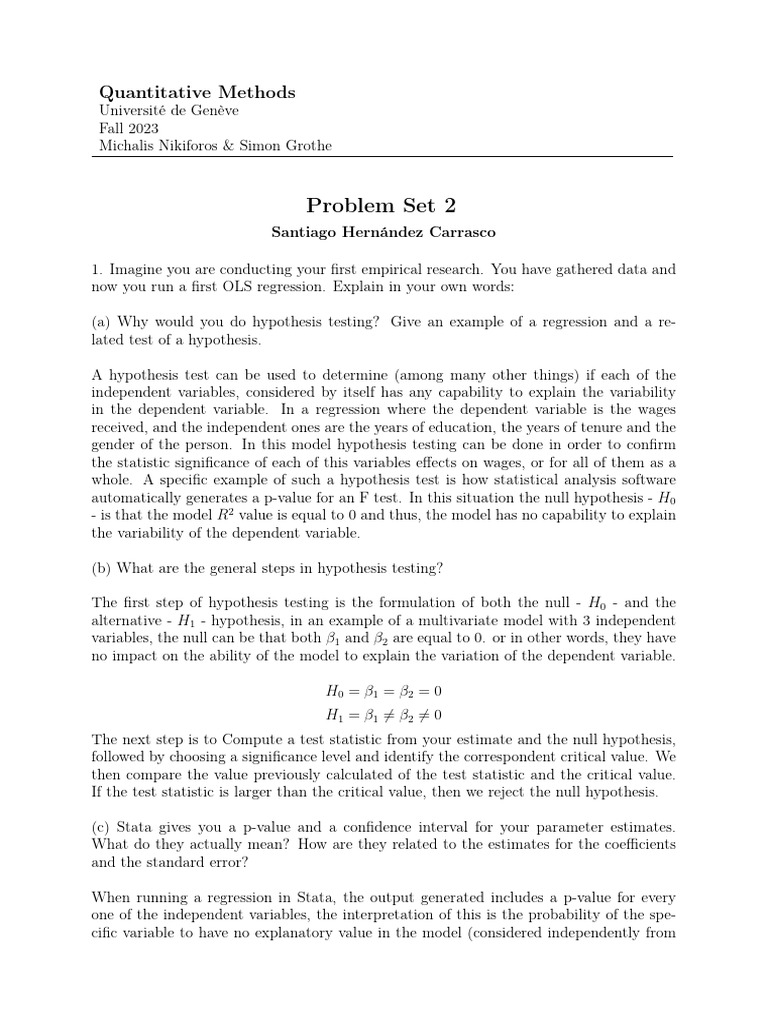 Problem Set 2 Quantitative Methods Unige Pdf P Value F Test