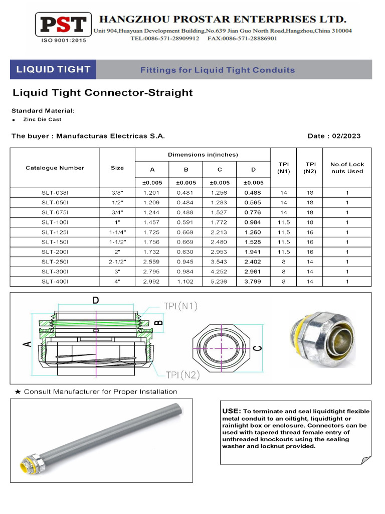 Data Sheet - Straight Liquid Tight Connector | PDF
