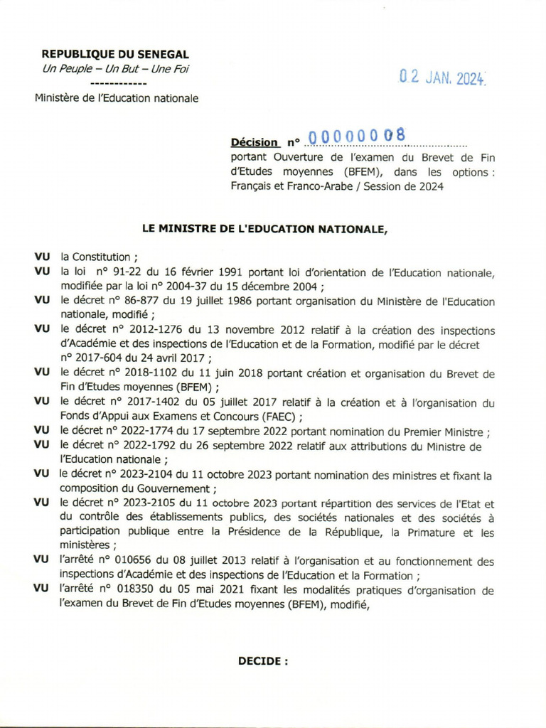 Ouverture BFEM 2024 | PDF