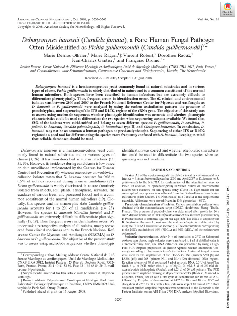 Debaryomyces Hansenii (Candida Famata), A Rare Human Fungal Pathogen ...