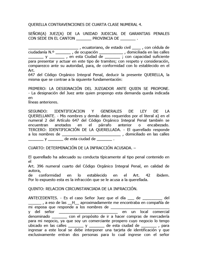Comparto 'MODELO DE QUERELLA DE CONTRAVENCIÓN DE CUARTA CLASE NUMERAL 4' Contigo | PDF | Queja ...