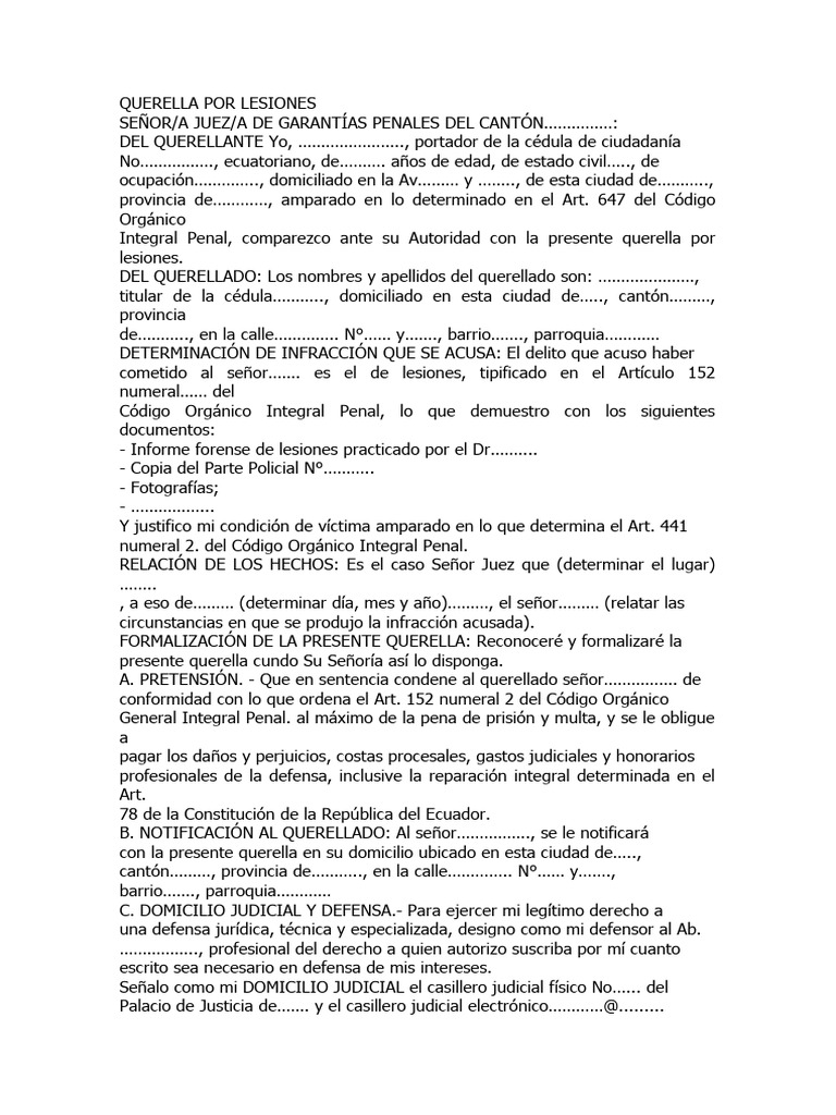 Modelo de Querella Por Lesiones | PDF | Queja | Ley común