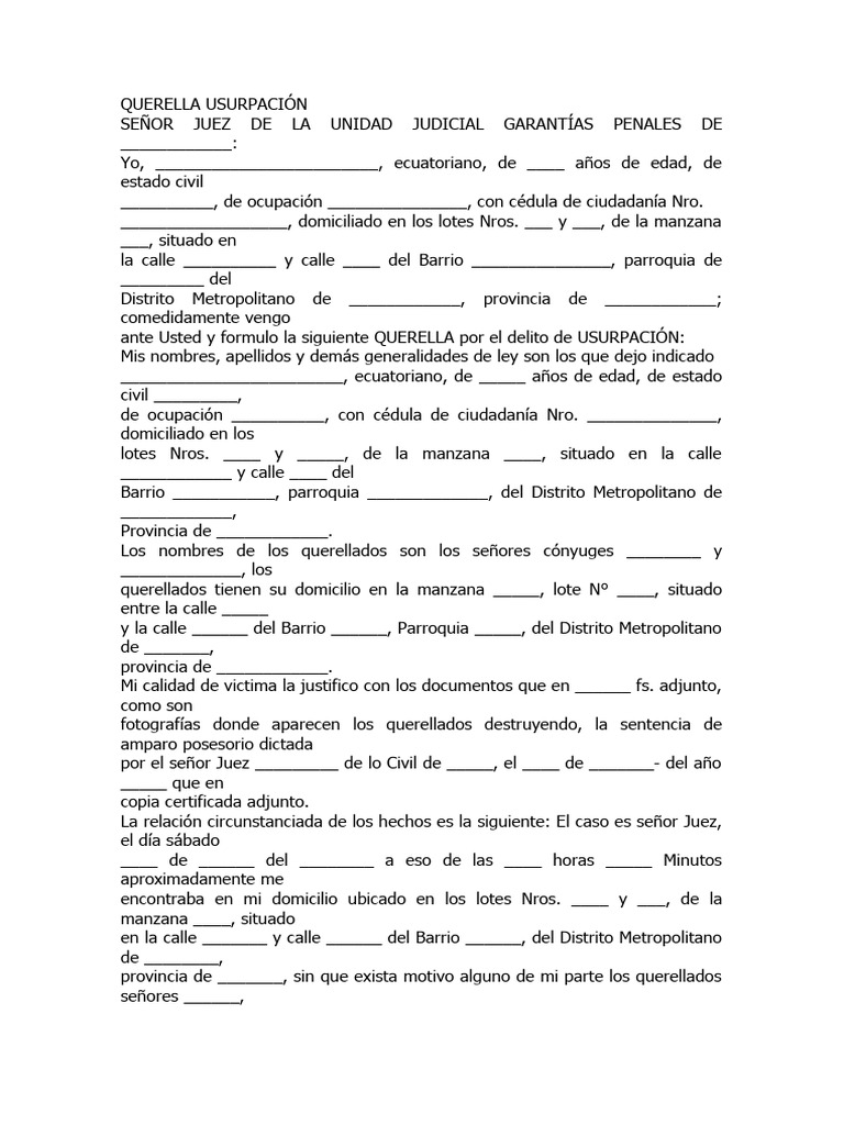 Modelo de Querella Por Usurpación | PDF | Propiedad | Queja Modelo de Querella Por Usurpación | PDF | Propiedad | Queja