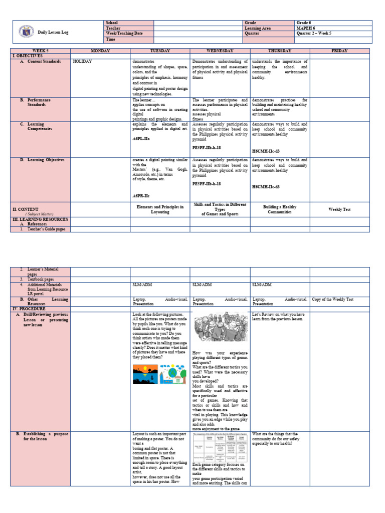DLL Mapeh Q2 W5 | PDF | Learning | Teachers