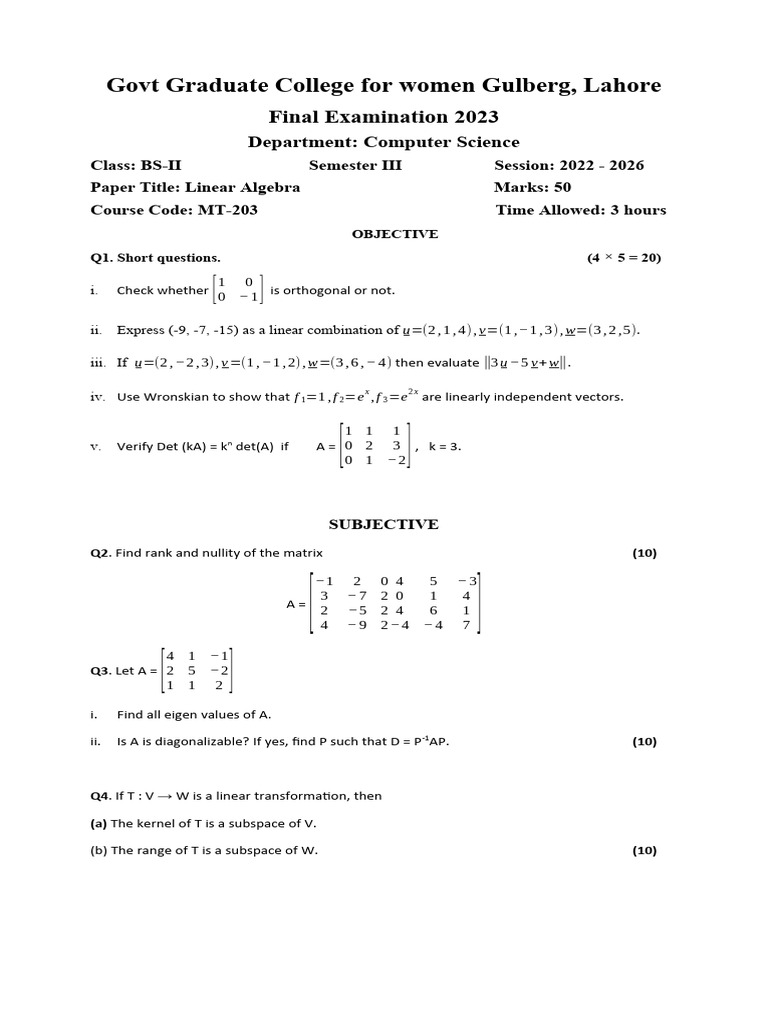 BSCS 3 Linear ALgebra Final 2023 | PDF