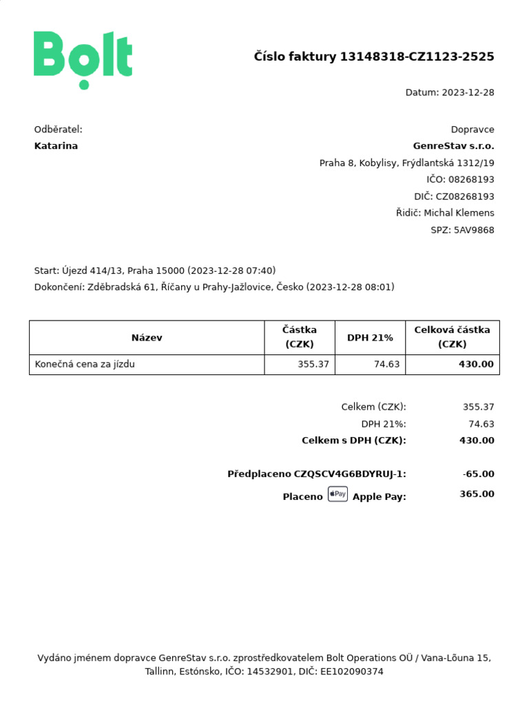 Ride Invoice From Bolt 2 | PDF