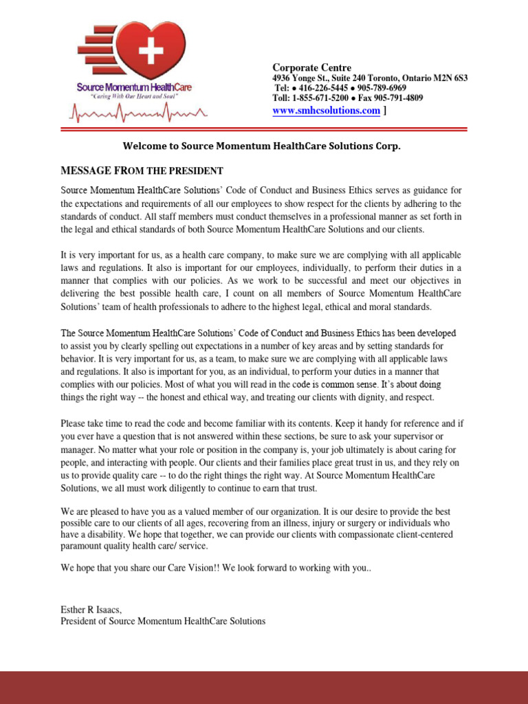 Letter From President | PDF | Health Care | Business Ethics