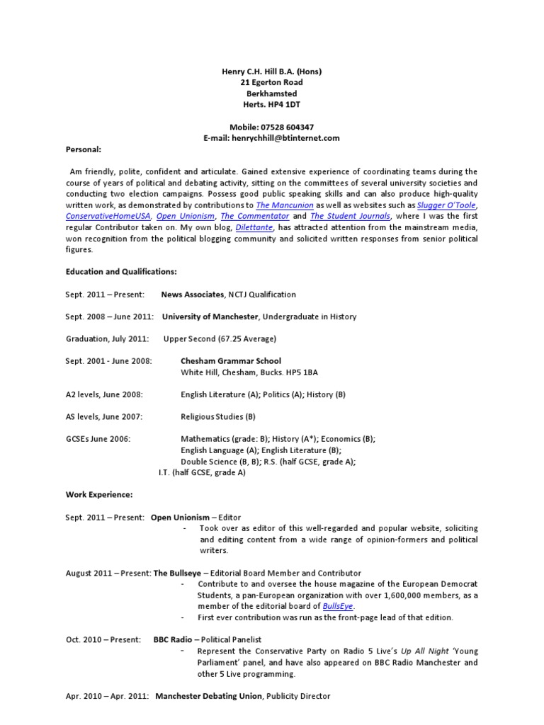 Henry's CV For Blog | PDF | Social Science | History