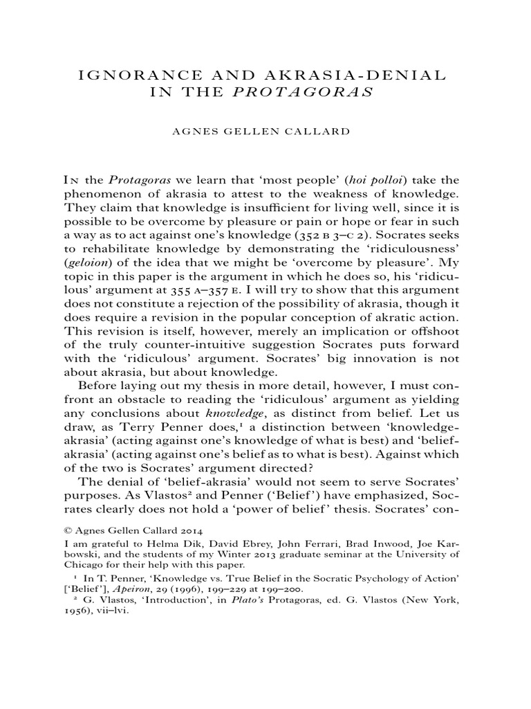Callard Ignorance and Akrasia-Denial in The Protagoras | PDF | Socrates ...