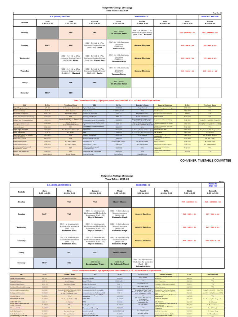 Timetable SEM II | PDF