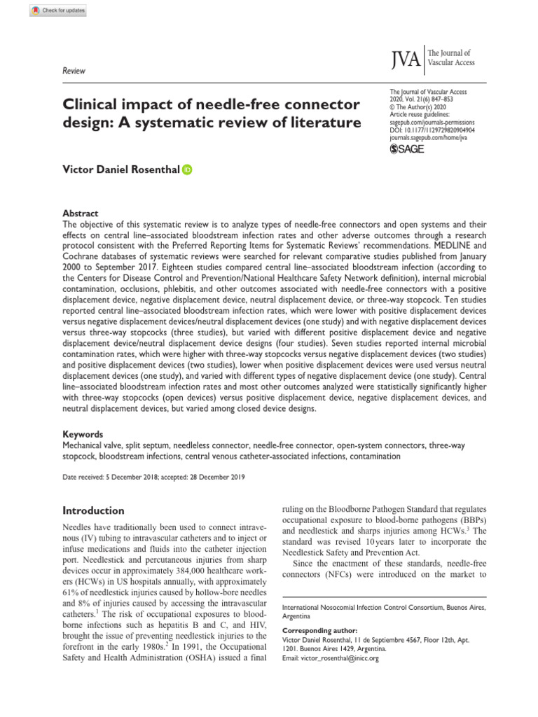 Rosenthal 2020 Clinical Impact of Needle Free Connector Design A ...