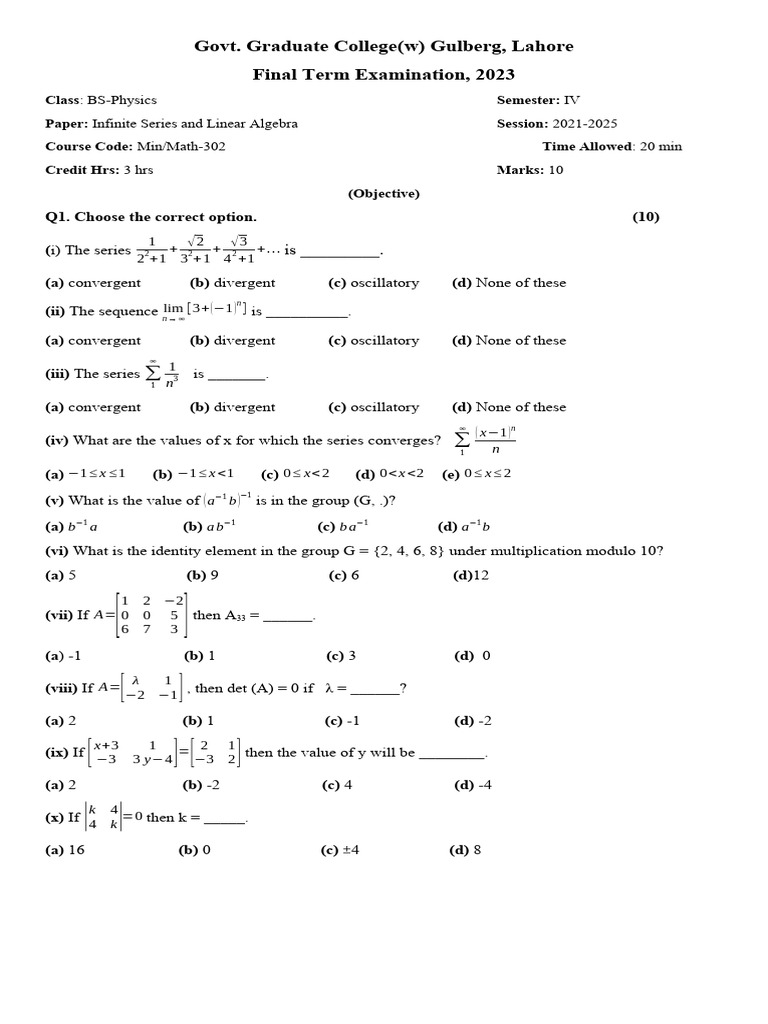 Infinite Series and Linear Algebra Papers | PDF | Series (Mathematics ...