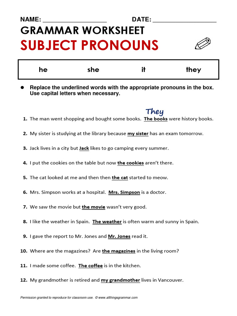Subject Pronouns Exercise | PDF