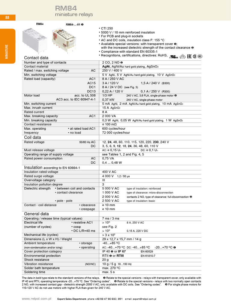 Relpol rm84 Datasheets | PDF | Alternating Current | Relay